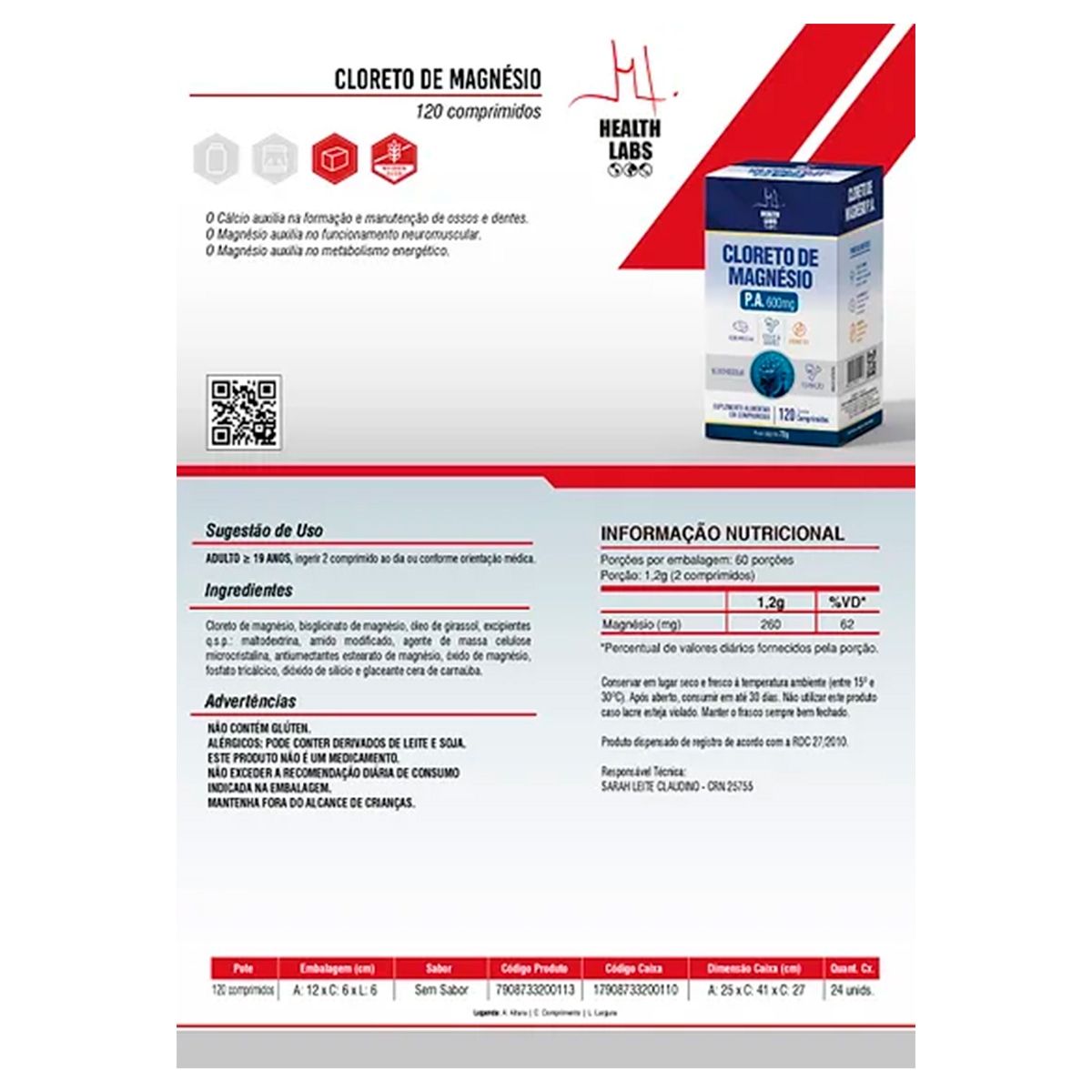 Suplemento Alimentar Cloreto De Magnésio Pa 600mg Com 120 Comprimidos Health Labs - Drogaria ...