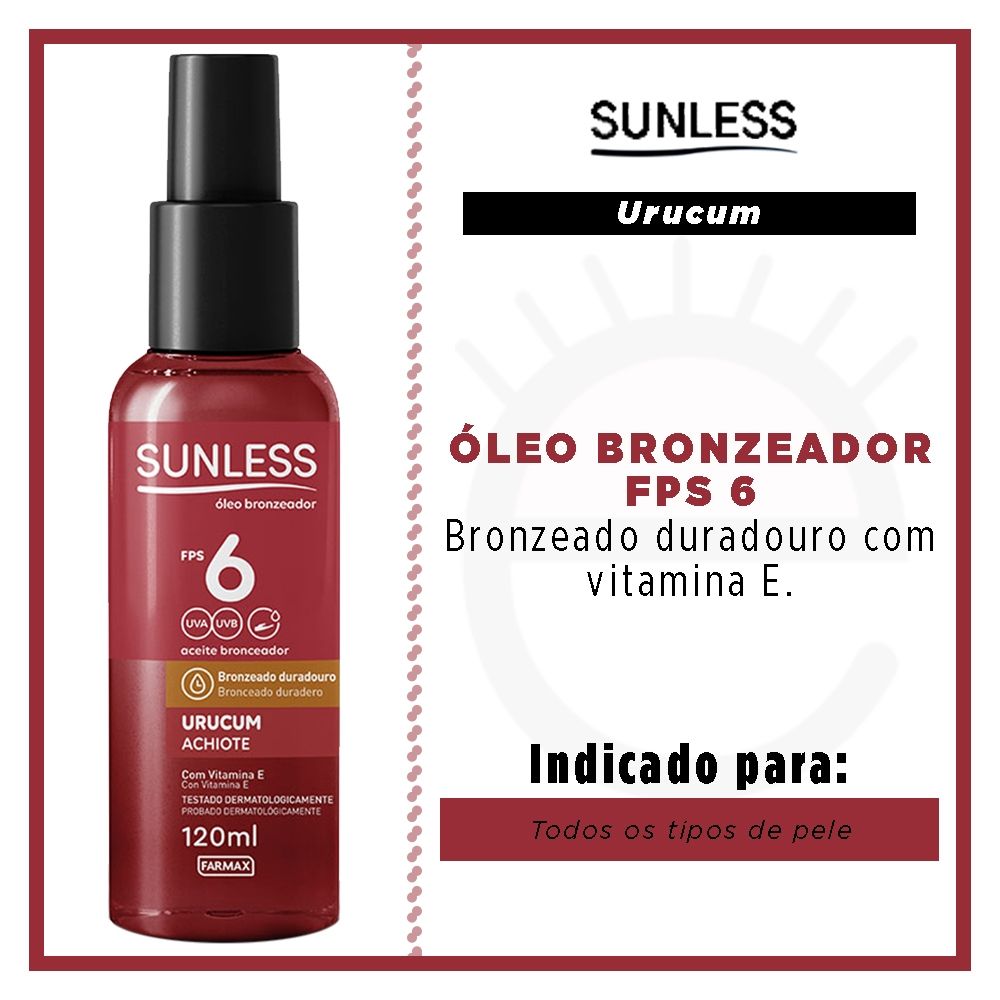 Óleo Bronzeador Urucum Fps6 Sunless Farmax 120Ml - Drogaria Minas-Brasil