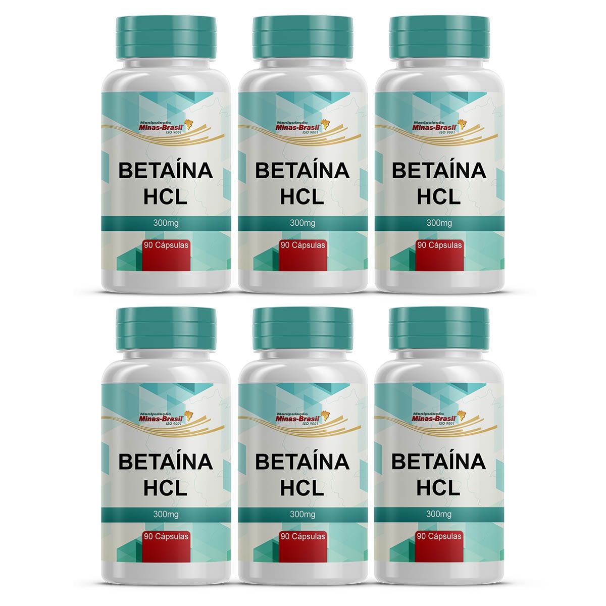Betaína Hcl 300Mg 90 Cápsulas - 6 Potes - Drogaria Minas-Brasil